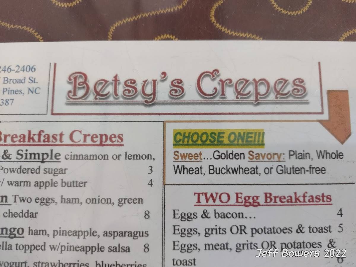 Menu at Betsy's Crepes restaurant, Southern Pines
