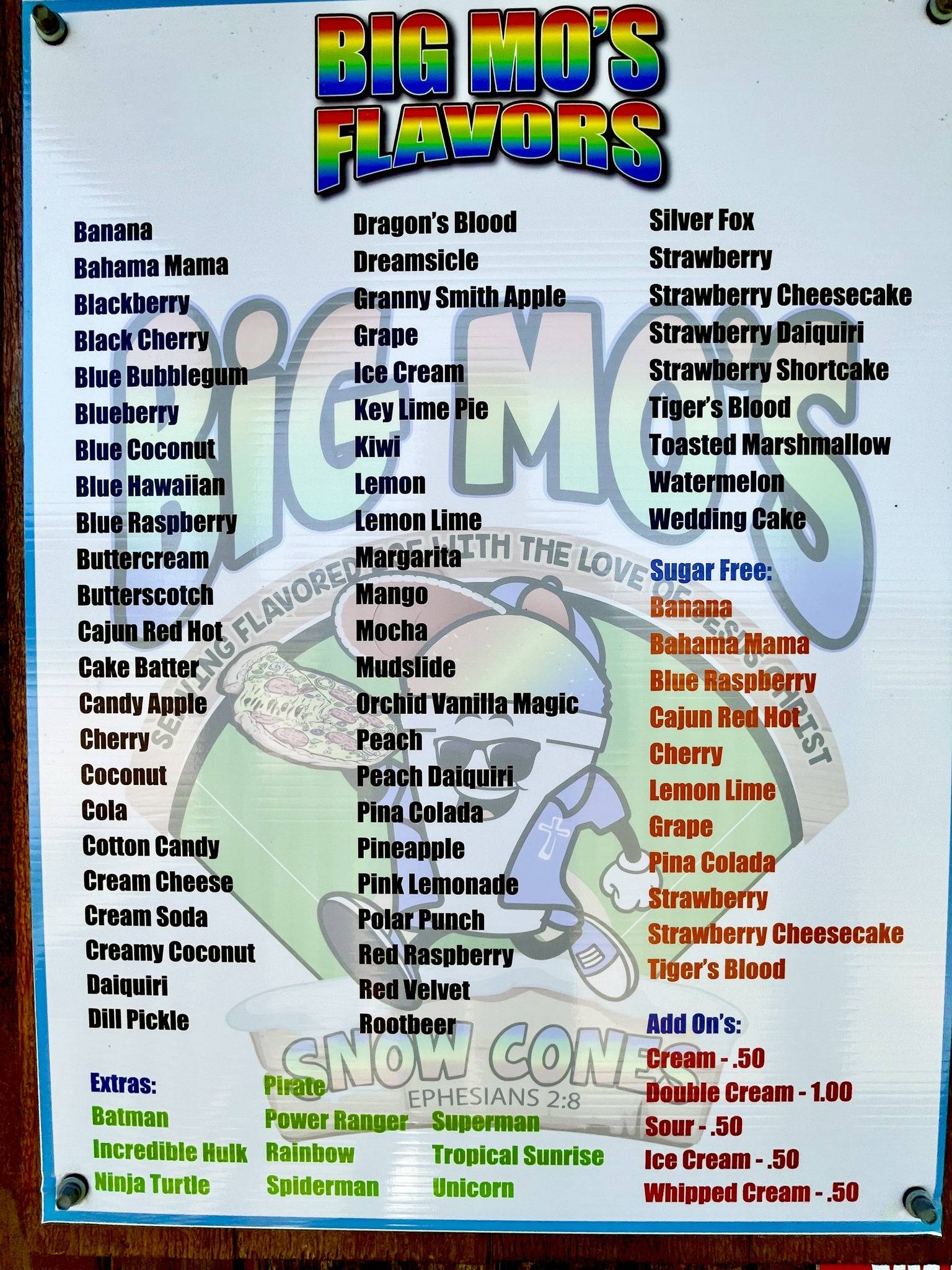 Menu at Big Mo's Snow Cones pizzeria, Redwater