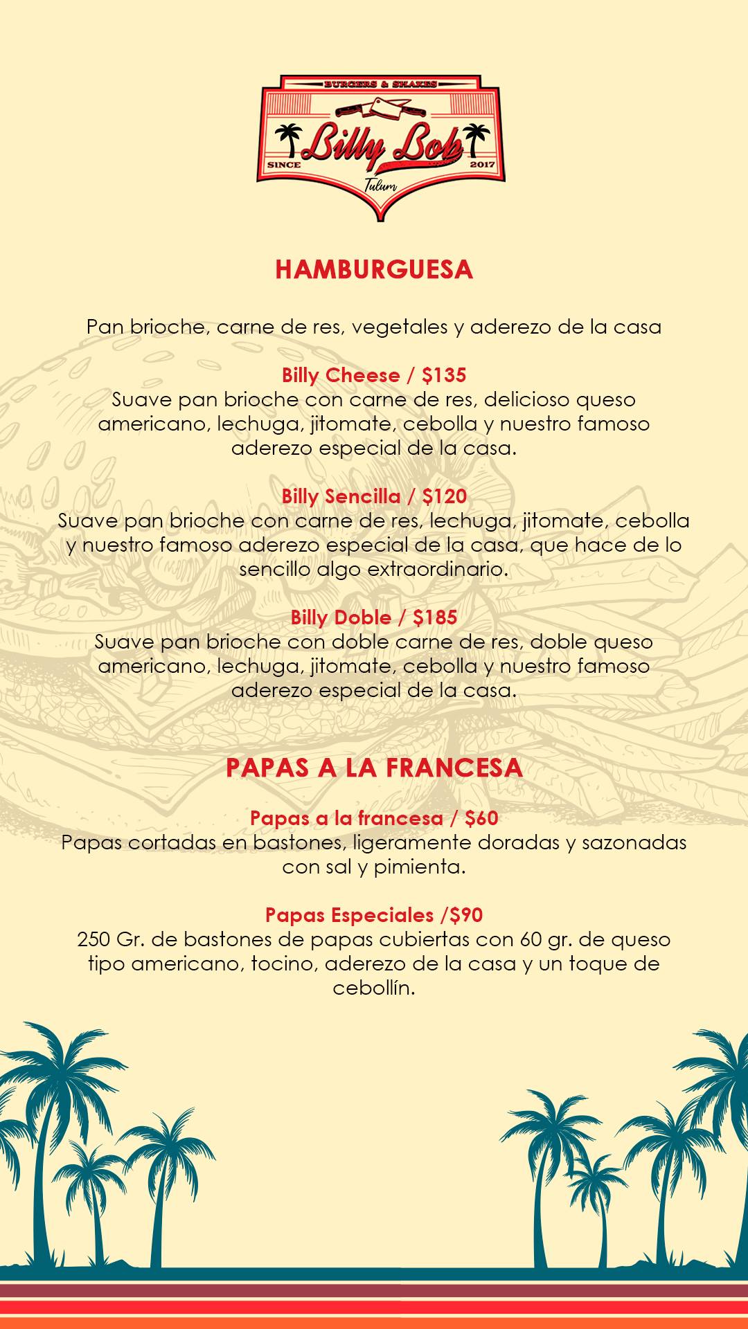 Menu at Billy Bob Tulum restaurant, Tulum
