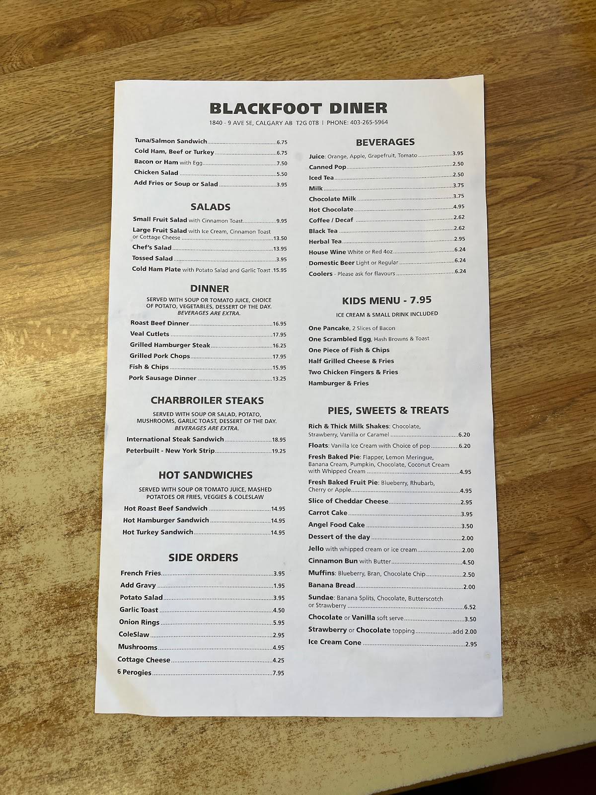 Menu at Blackfoot Truckstop Diner restaurant, Calgary