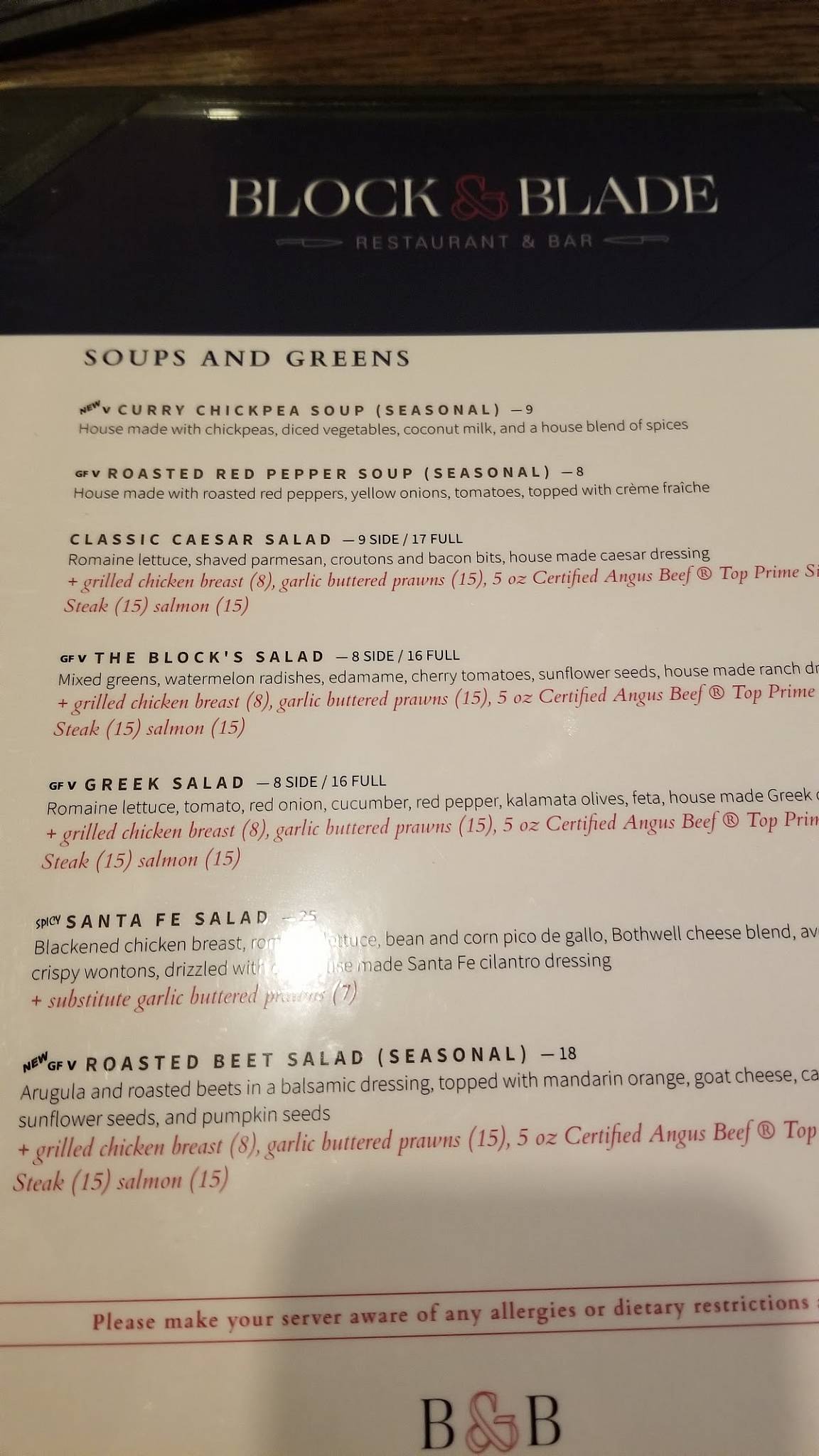 Menu at Block & Blade Restaurant and Bar, Winnipeg