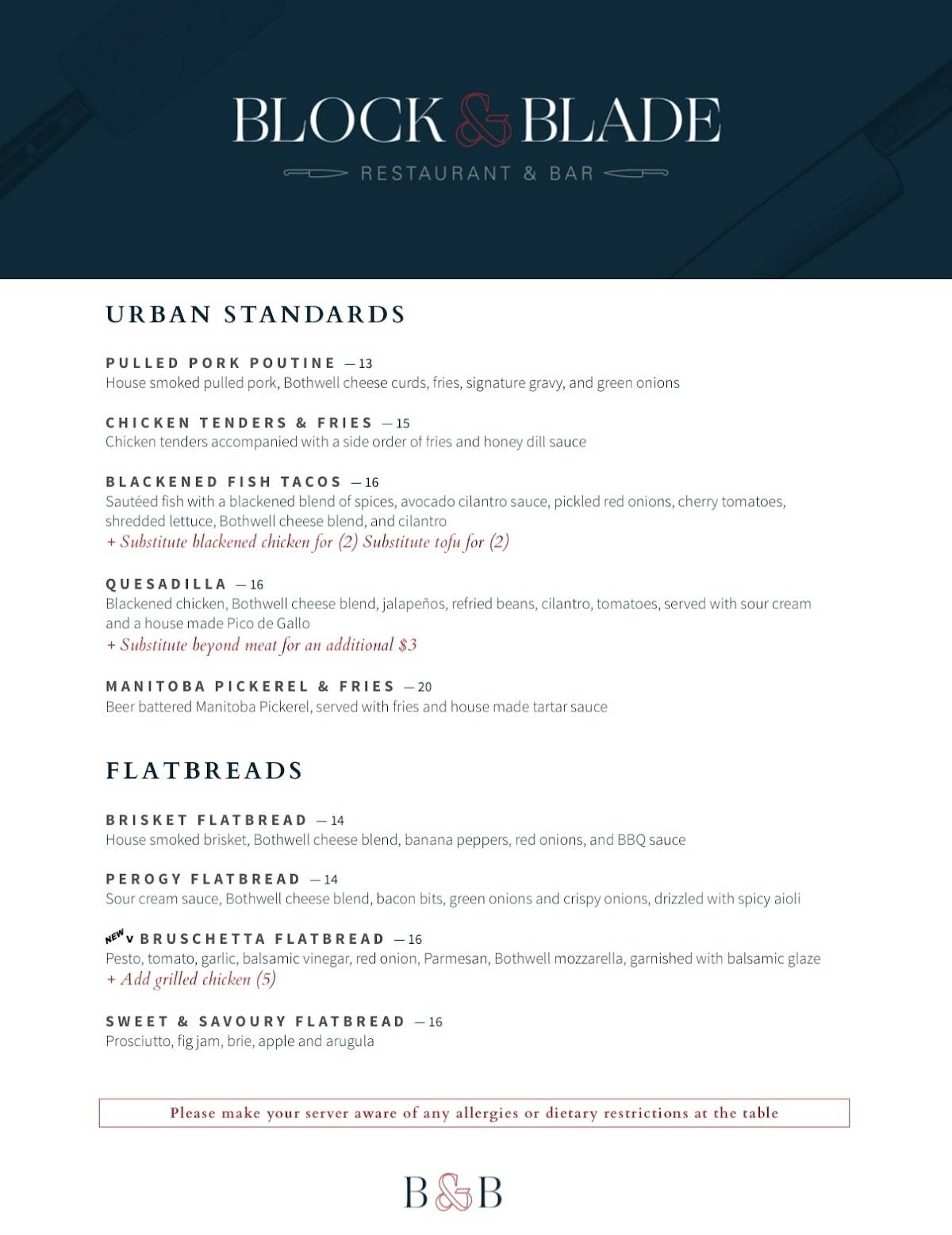 Menu at Block & Blade Restaurant and Bar, Winnipeg