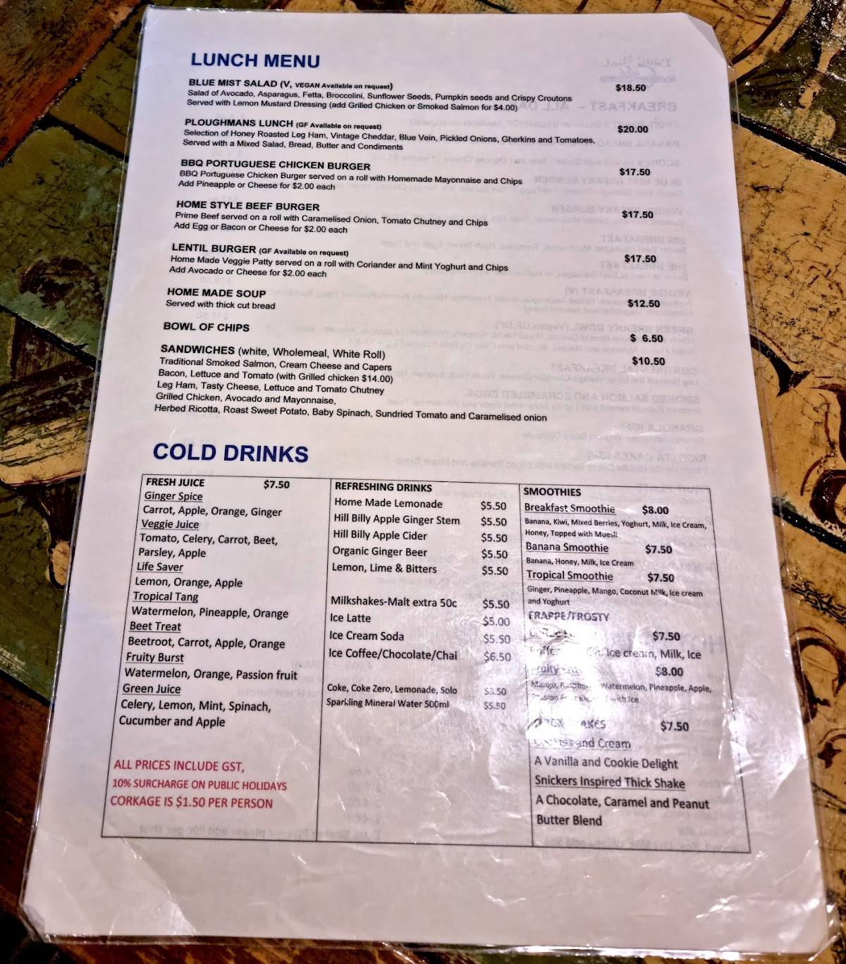 Menu at Blue Mist Cafe, Wentworth Falls