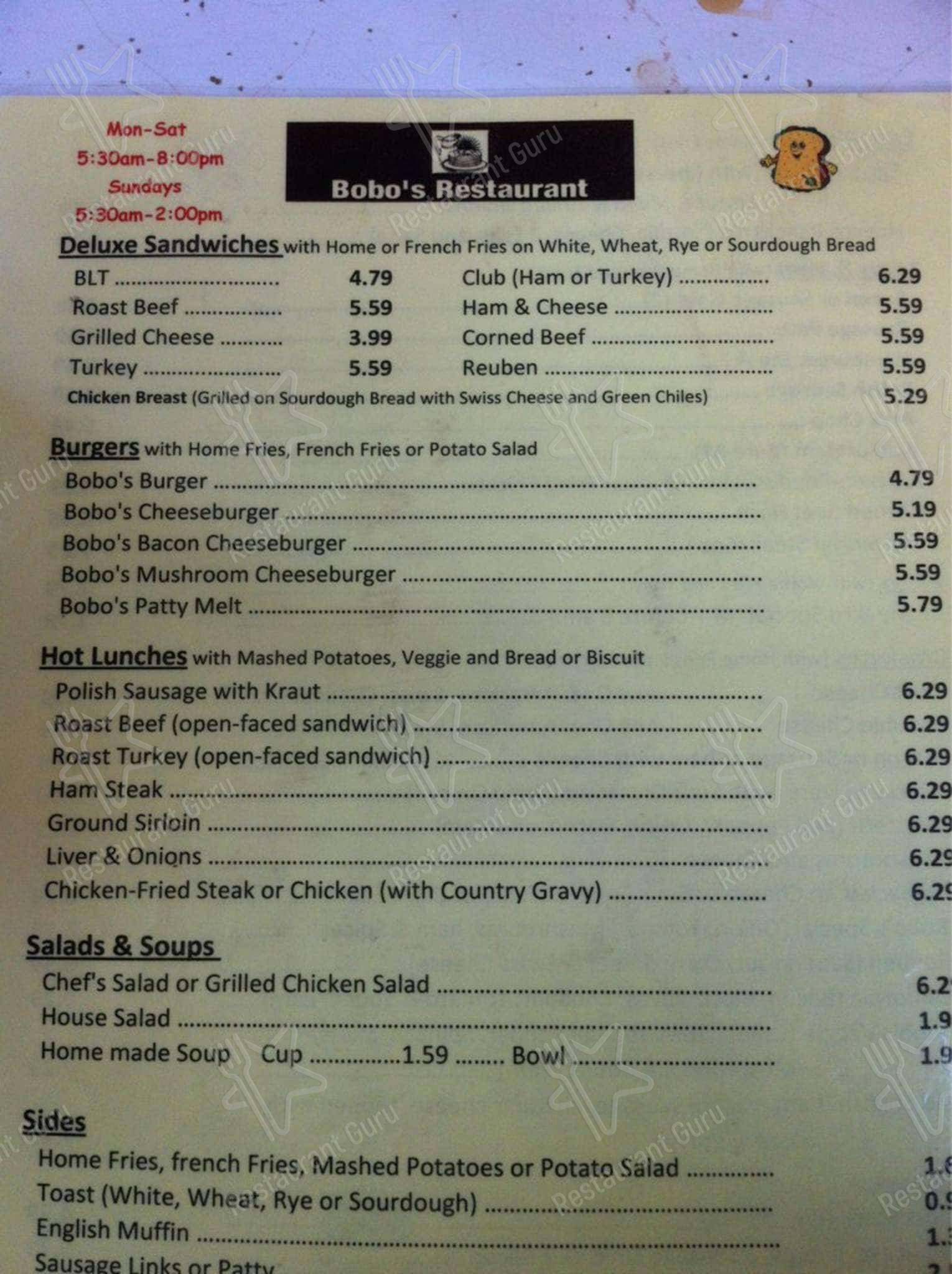 Menu at Bobo's Restaurant, Tucson