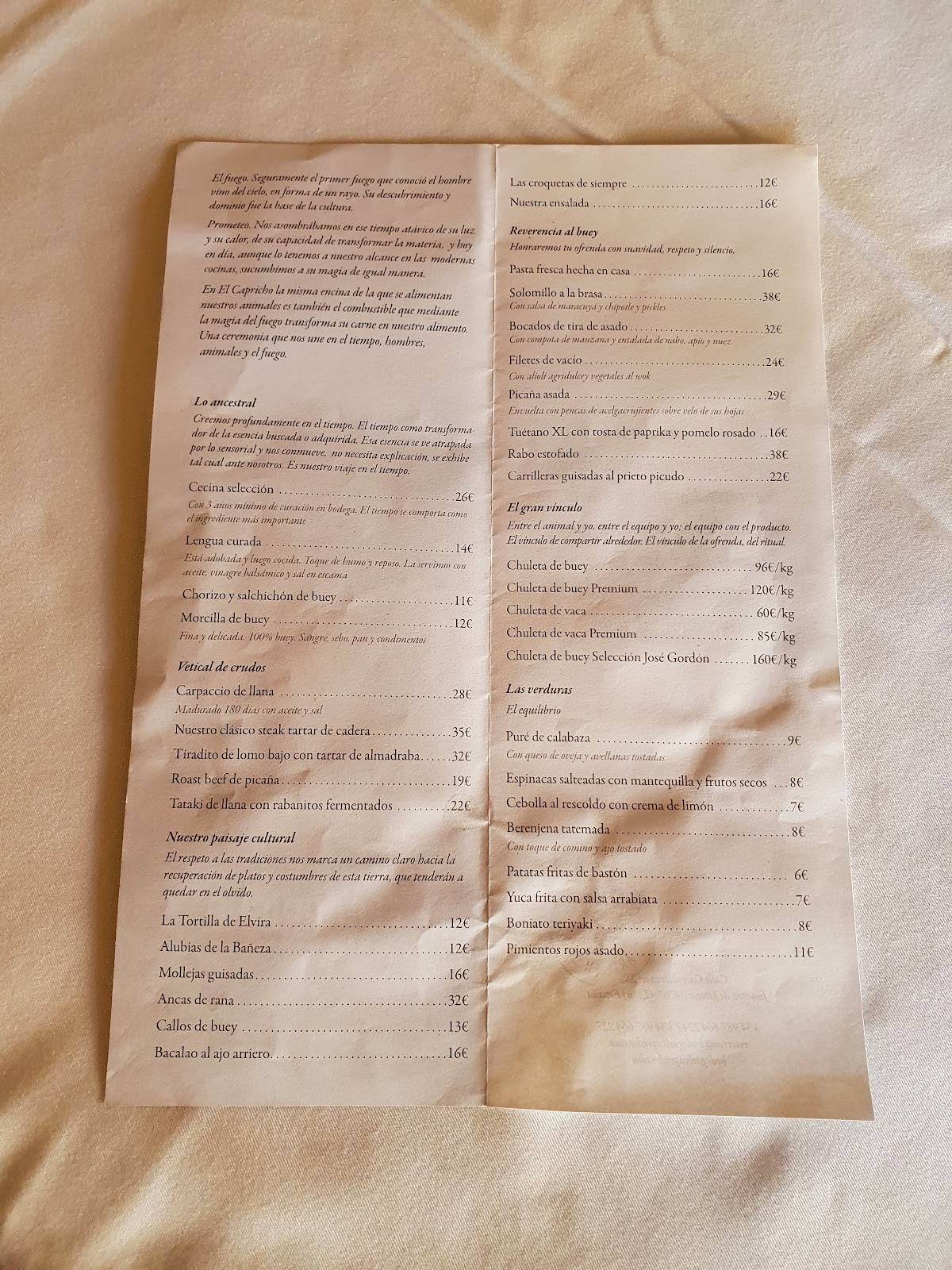 Menu at Bodega El Capricho restaurant, Jiménez de Jamuz, c/ Carrobierzo