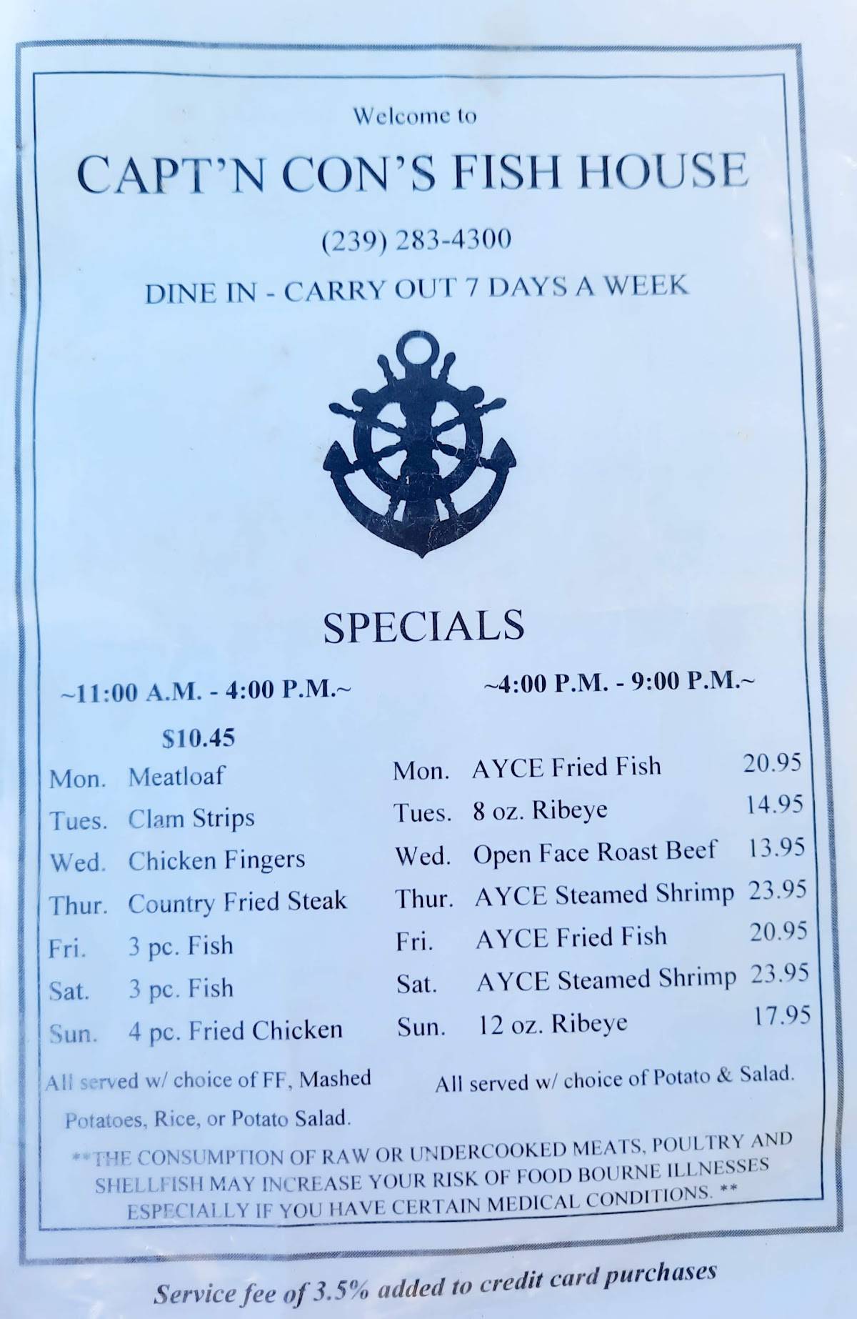 Menu at Capt'n Con's Fish House restaurant, Bokeelia