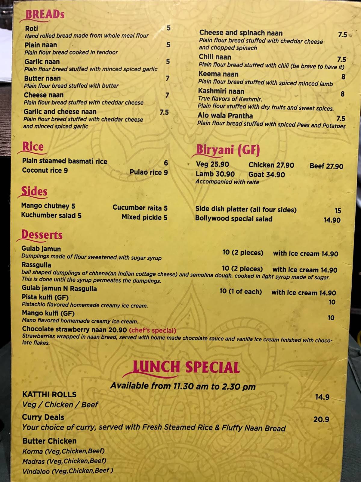 Menu at Bollywood Lounge Indian Restaurant, Karratha