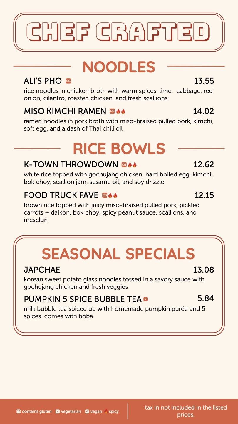 Menu at Bon Me restaurant, Cambridge, Massachusetts Ave