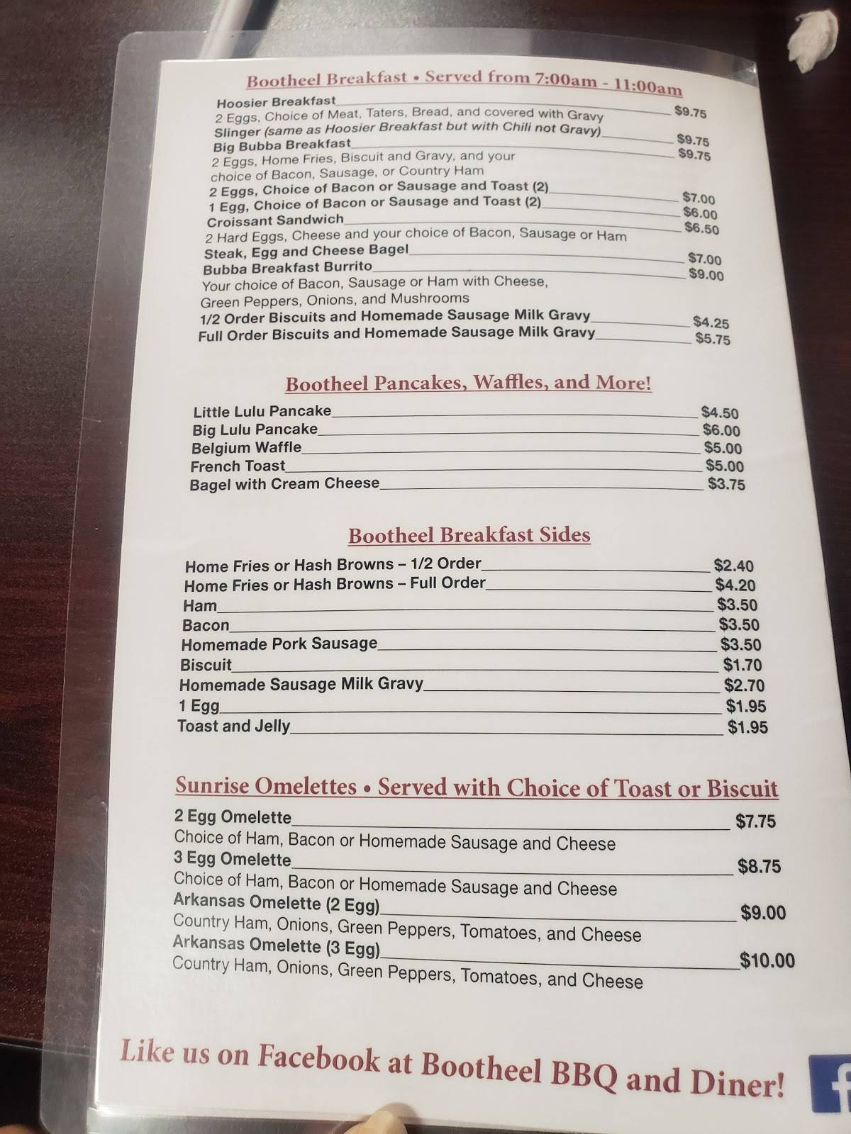 Menu at Bootheel BBQ and Diner, Saint Clair