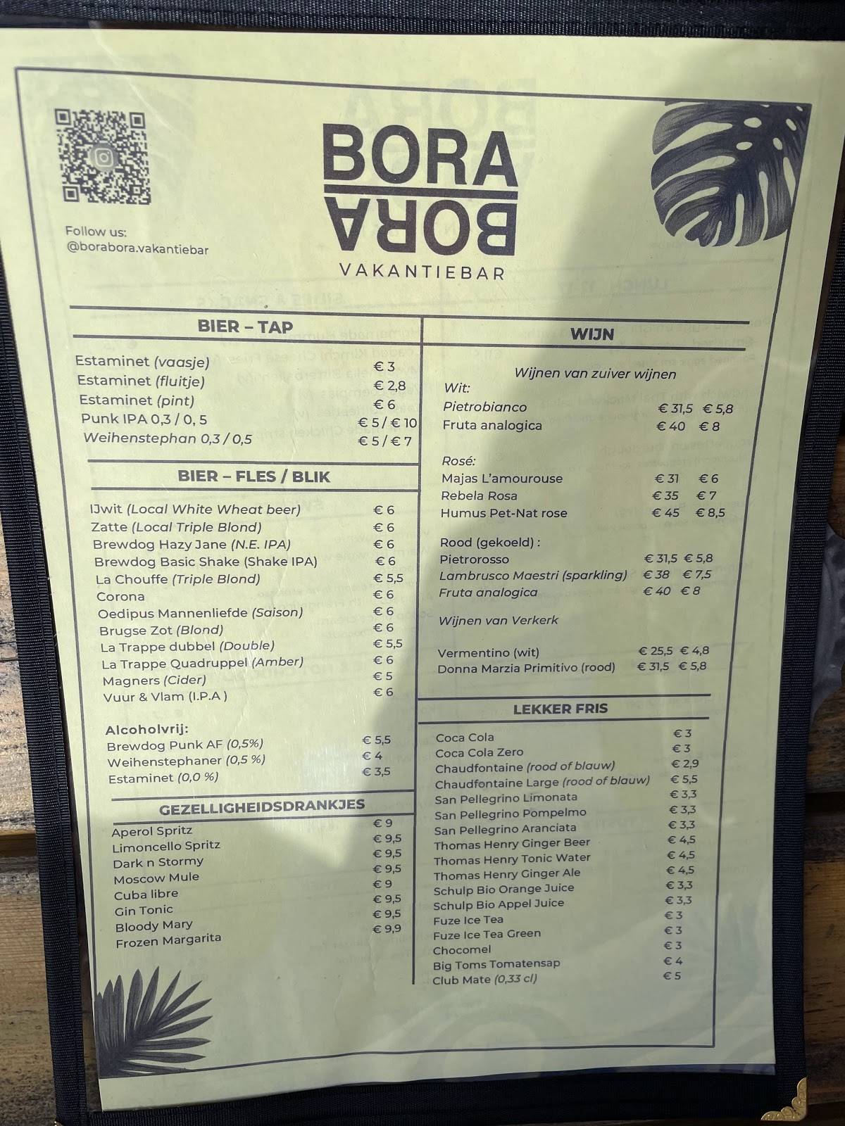 Menu at Bora Bora, Amsterdam