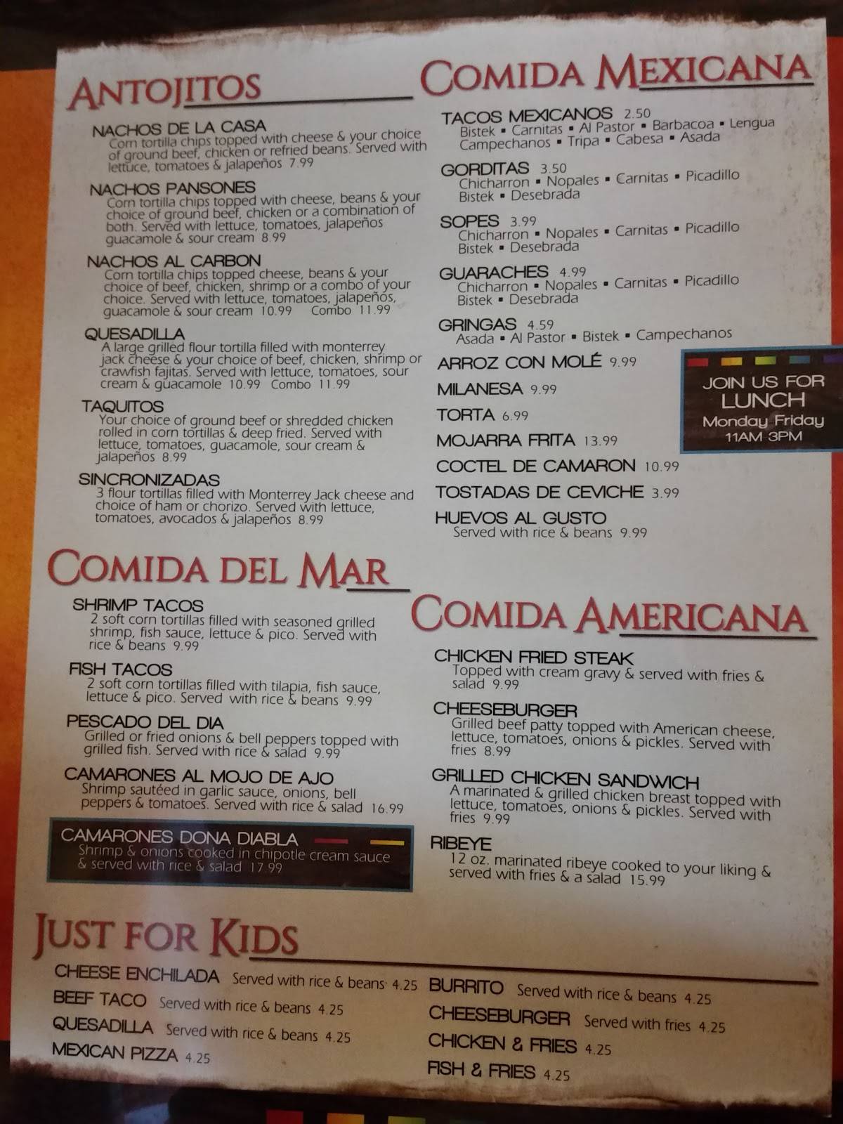 Menu at Taqueria San Miguel restaurant, Bossier City
