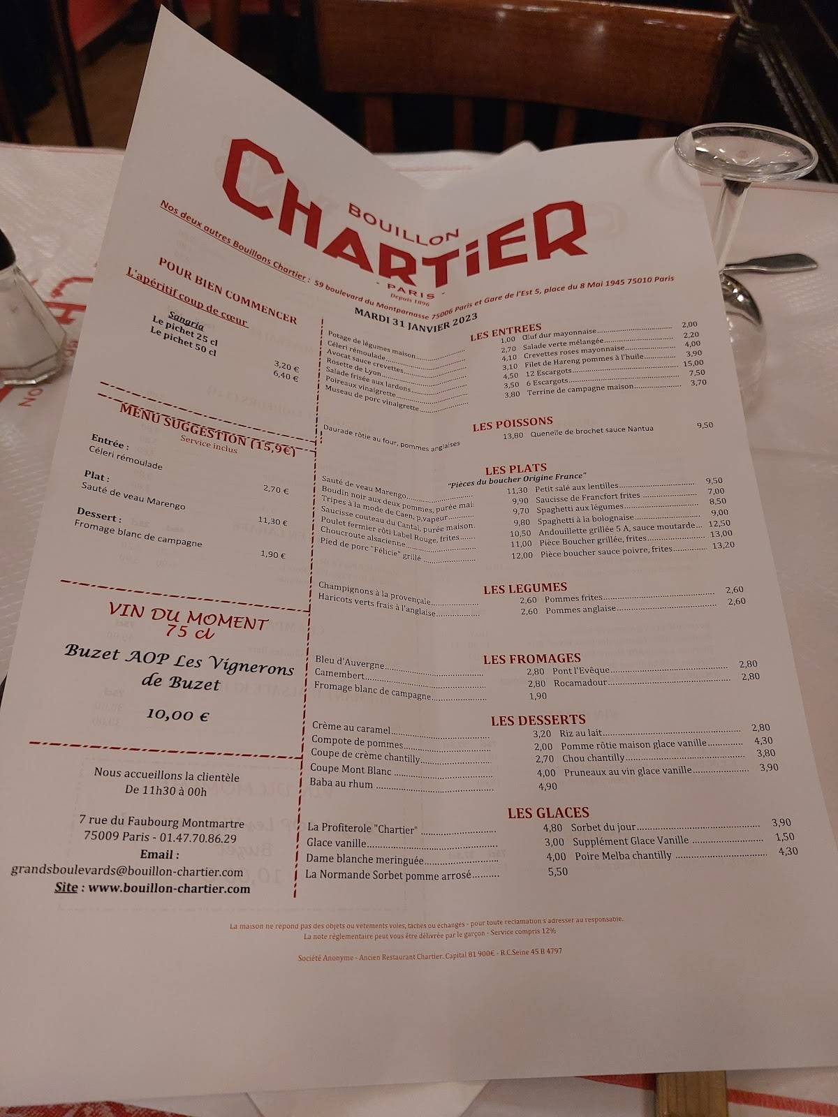 Menu at Bouillon Chartier Grands Boulevards restaurant, Paris, 7 Rue du ...