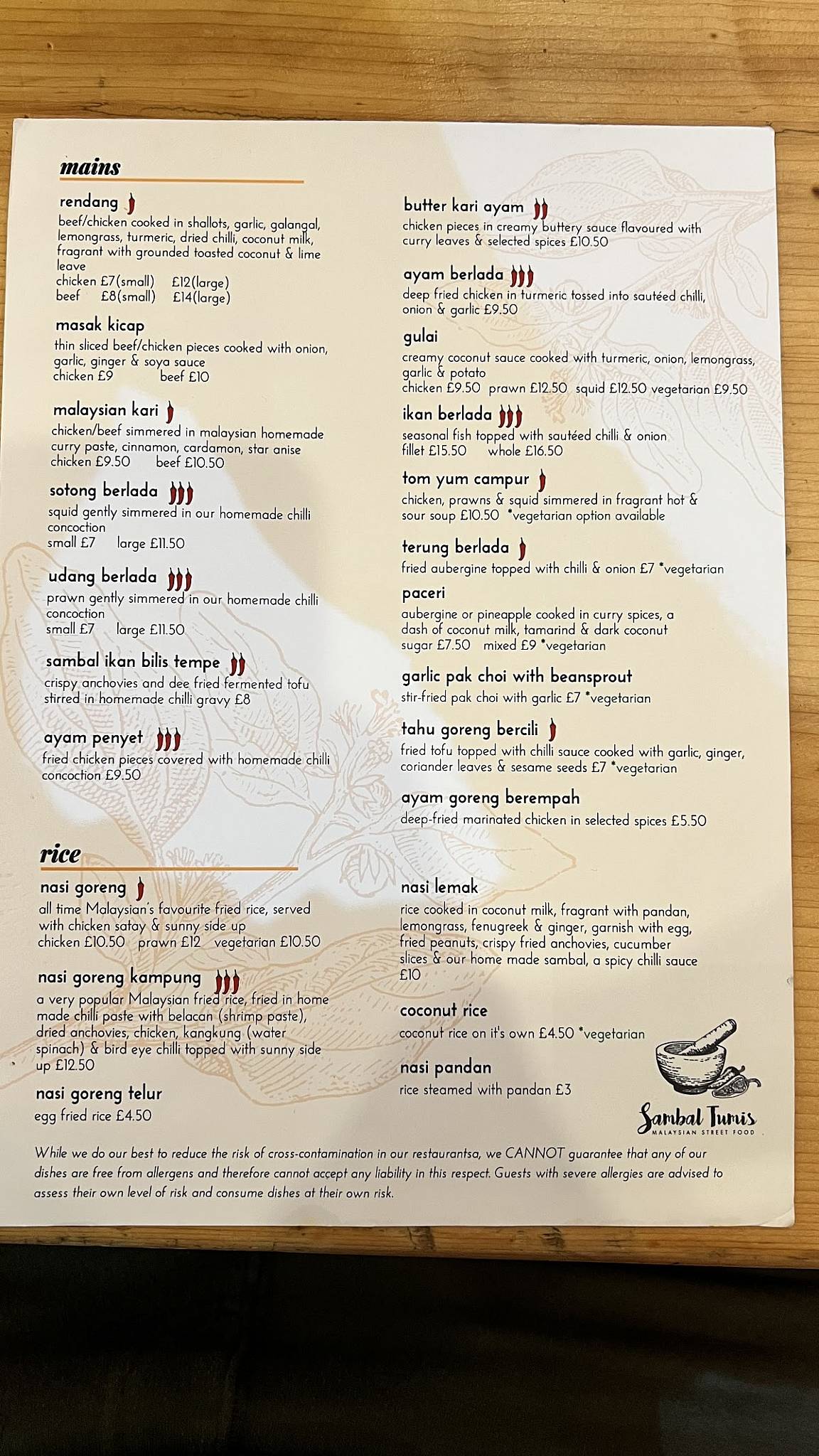 Menu at Sambal Tumis restaurant, Bournemouth