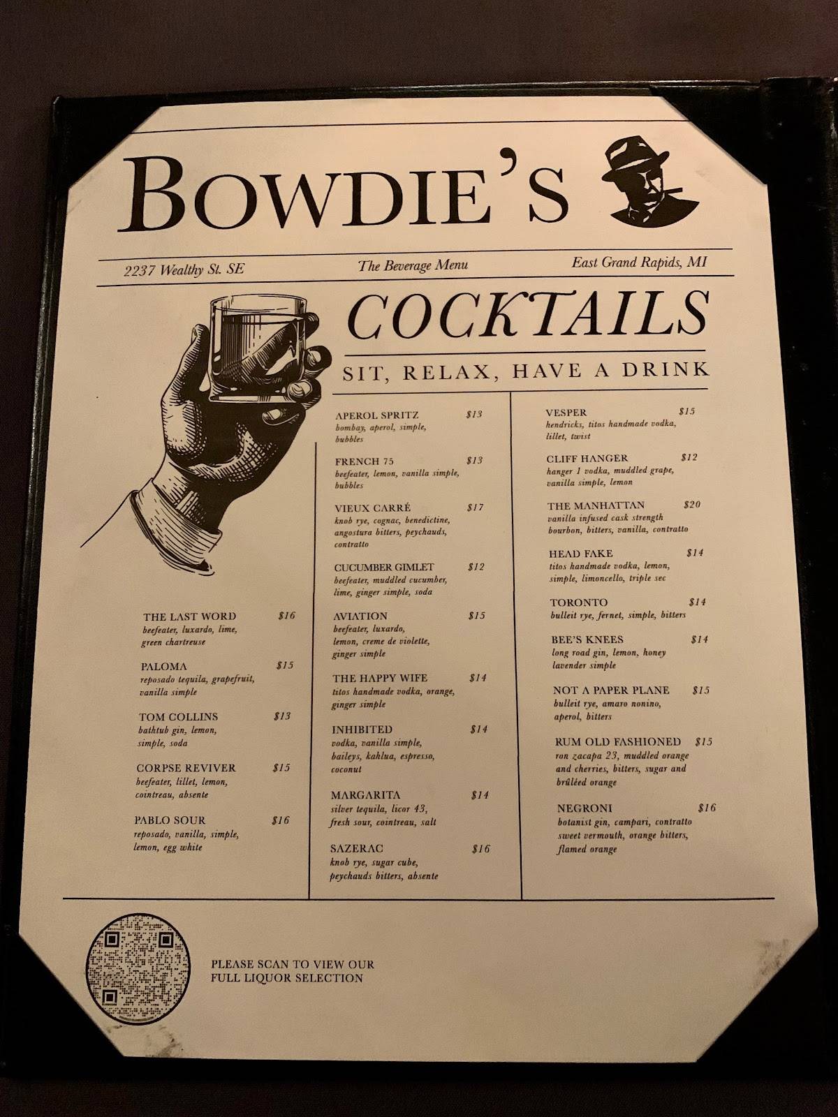 Menu at Bowdie’s Chophouse steakhouse, East Grand Rapids