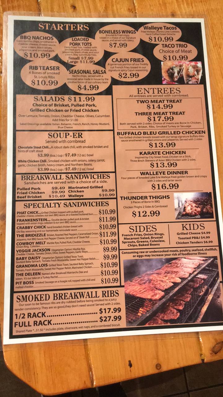 Menu at Breakwall BBQ, Conneaut, 1/2 Marina Dr