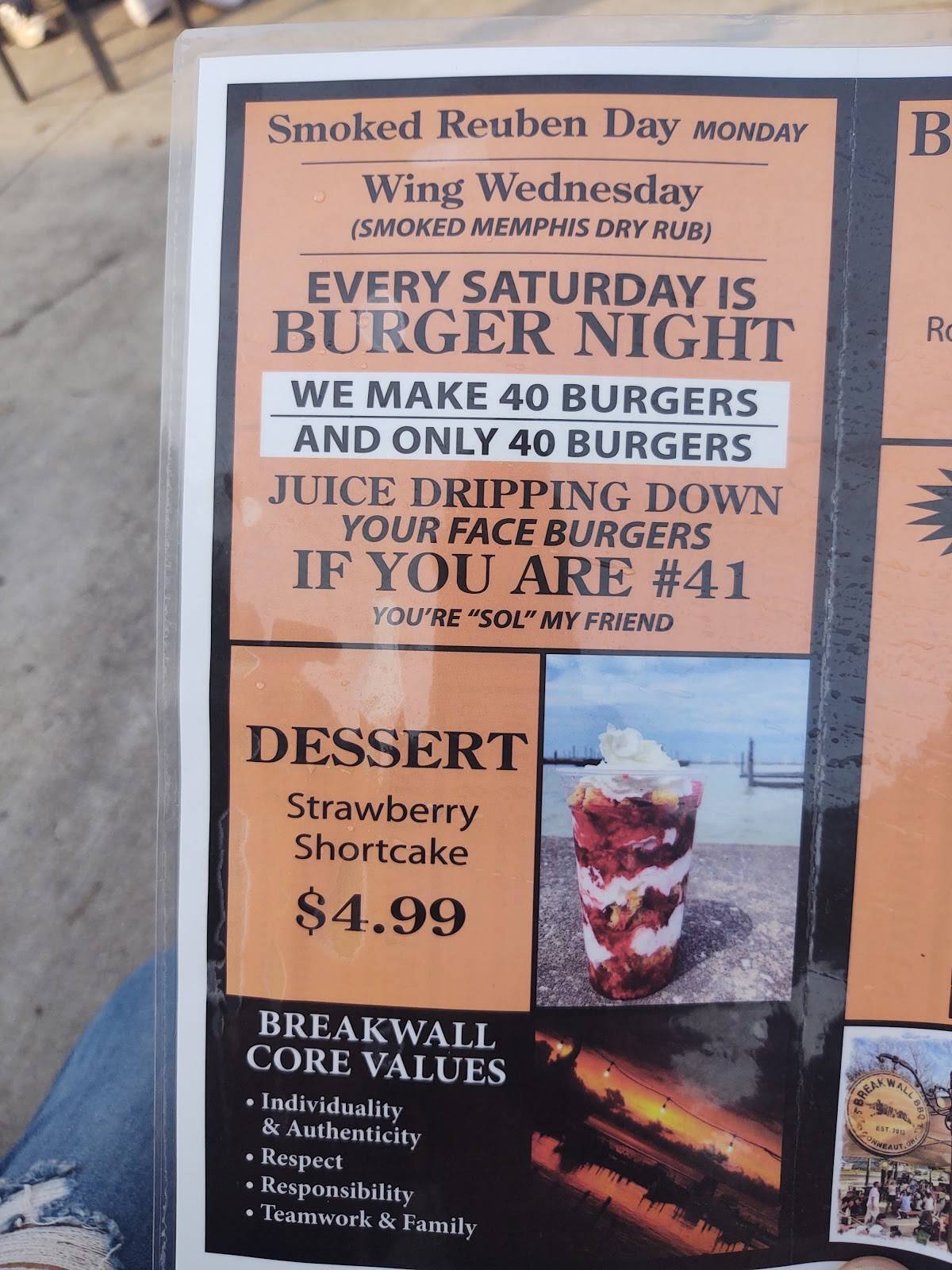 Menu at Breakwall BBQ, Conneaut, 1/2 Marina Dr