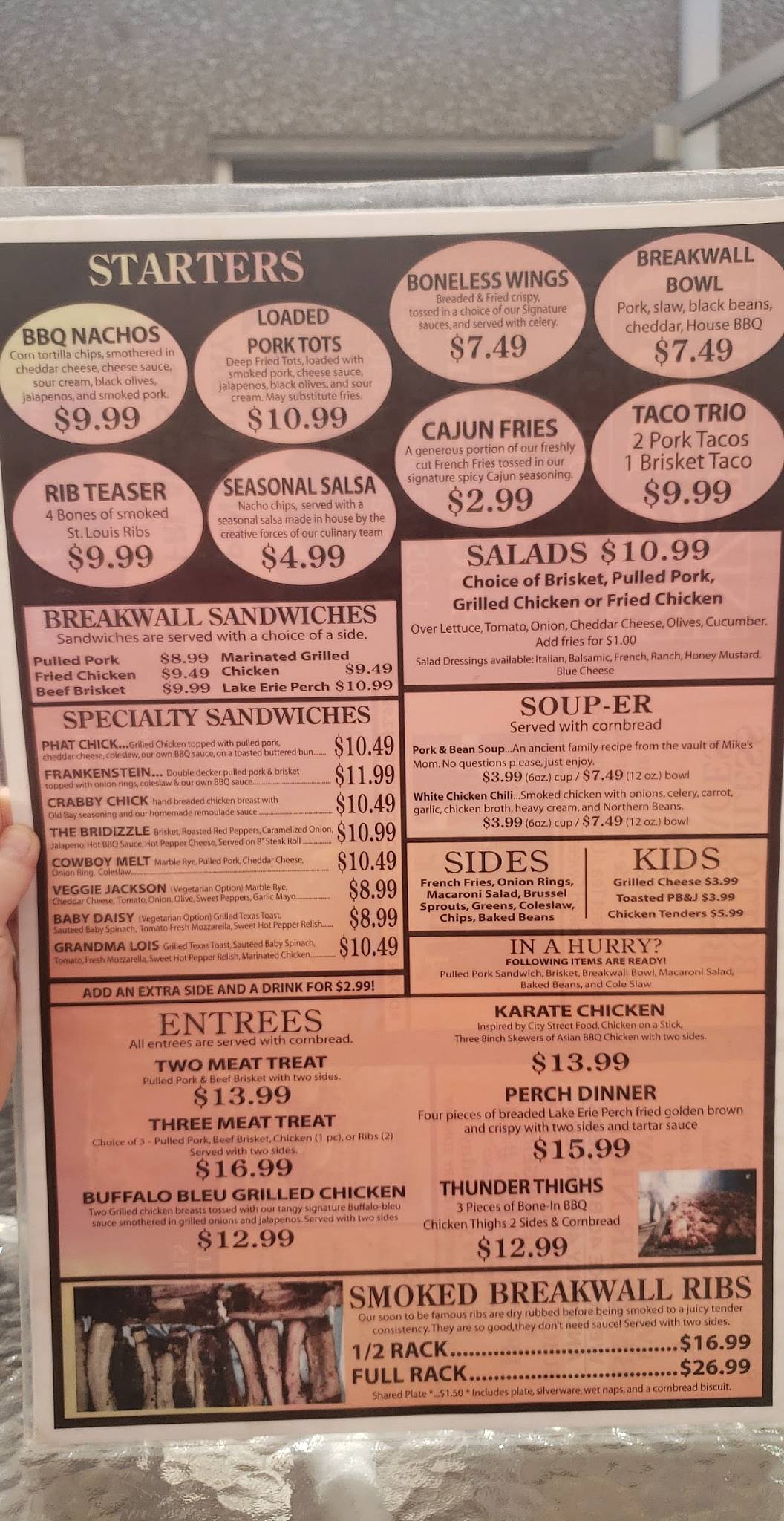 Menu at Breakwall BBQ, Conneaut, 1/2 Marina Dr