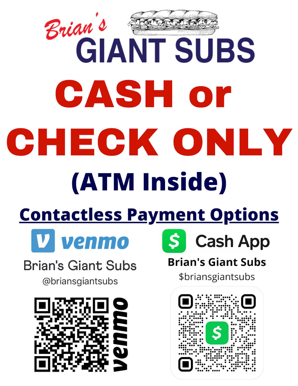 Menu at Brian's Giant Subs restaurant, Dublin