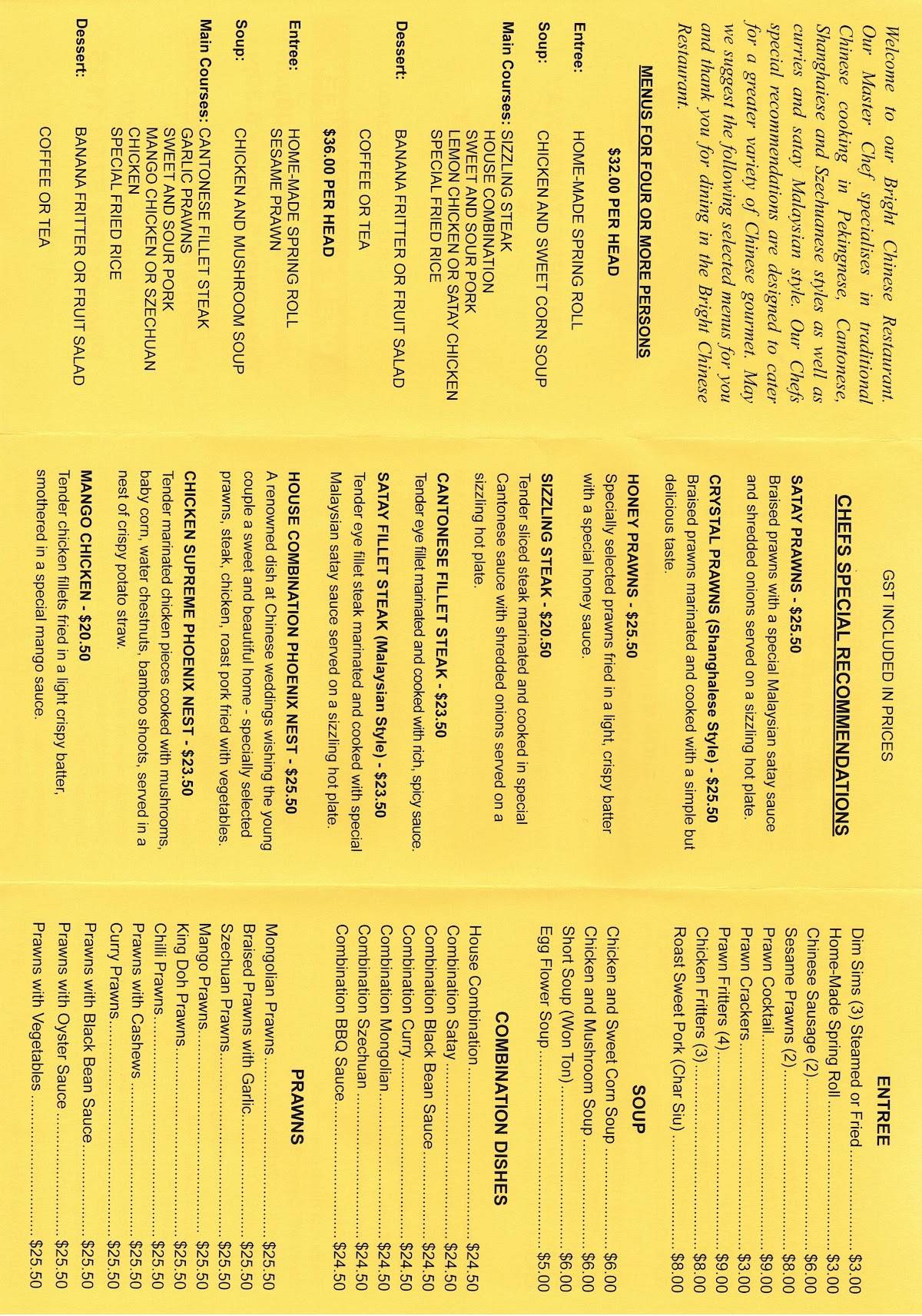 Menu at Bright Chinese Restaurant, Bright