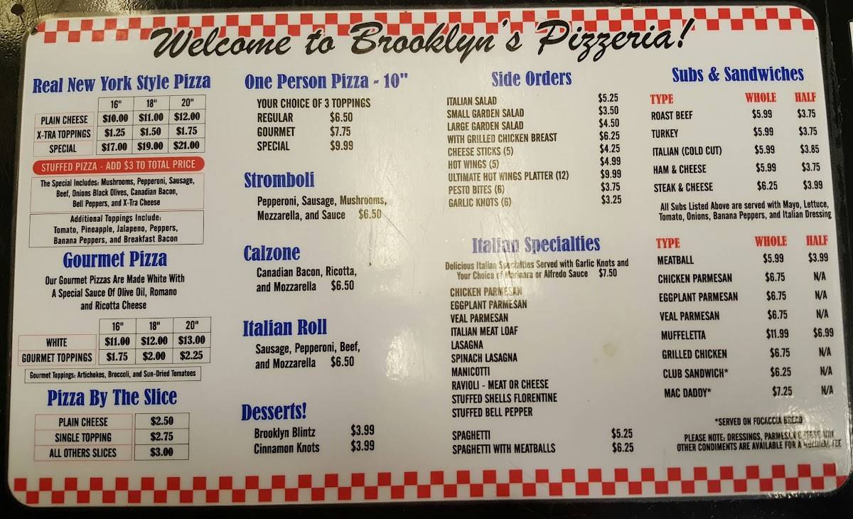 Menu at Brooklyn Pizzeria, Gulfport