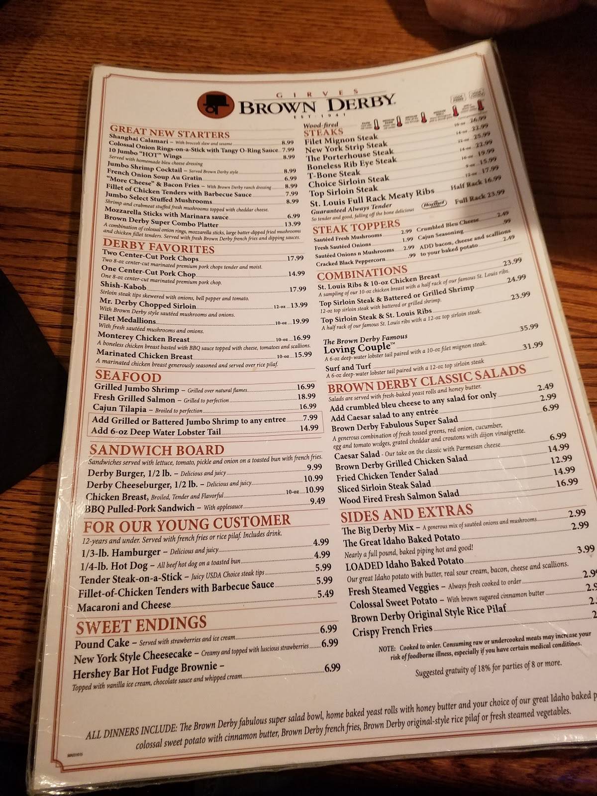 Menu at Brown Derby pub & bar, Middleburg Heights, Bagley Rd