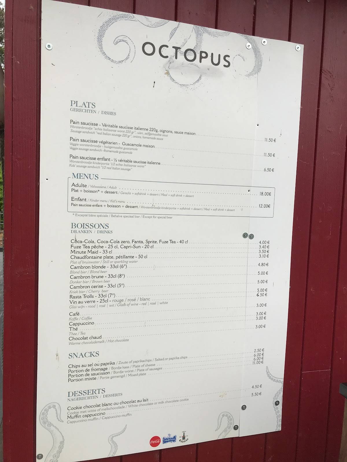 Menu au Octopus Restaurant, Brugelette, The Paddling Bear Hotel