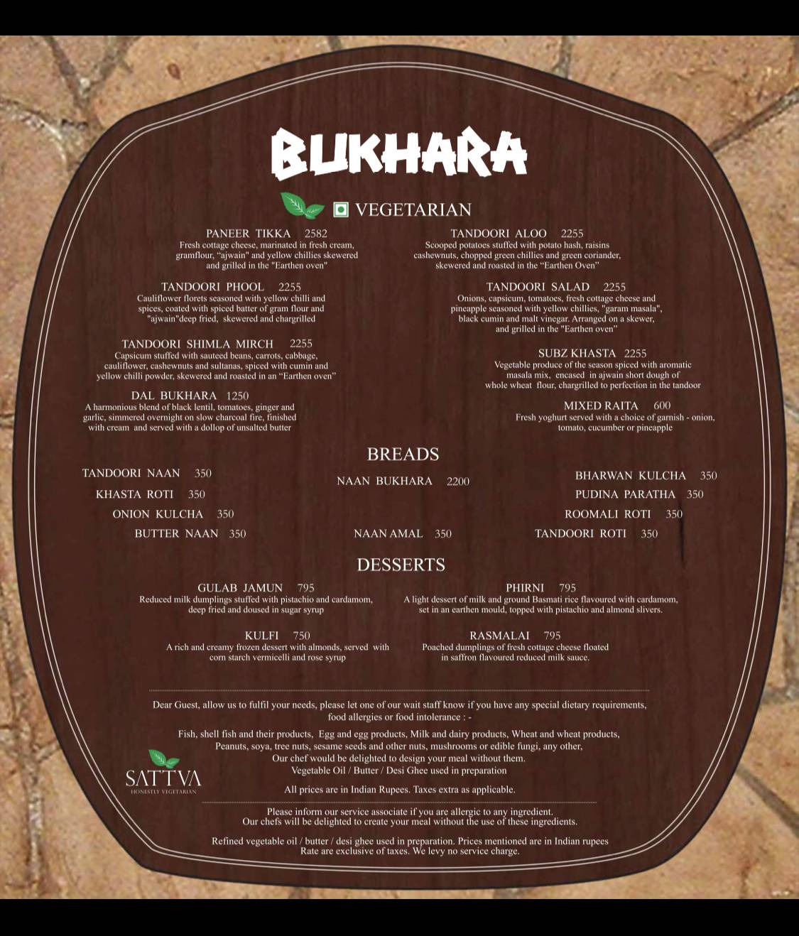 Menu at Bukhara, New Delhi, ITC MAURYA