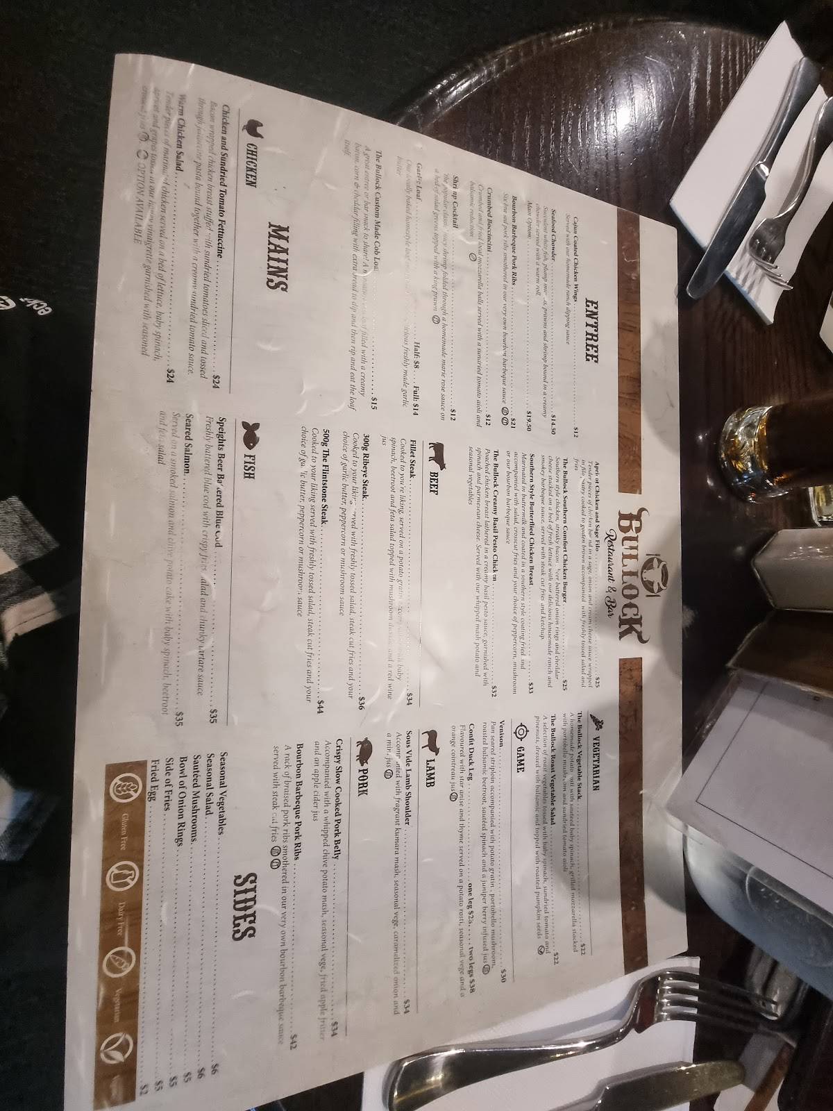 Menu at Bullock Restaurant & Bar, Timaru