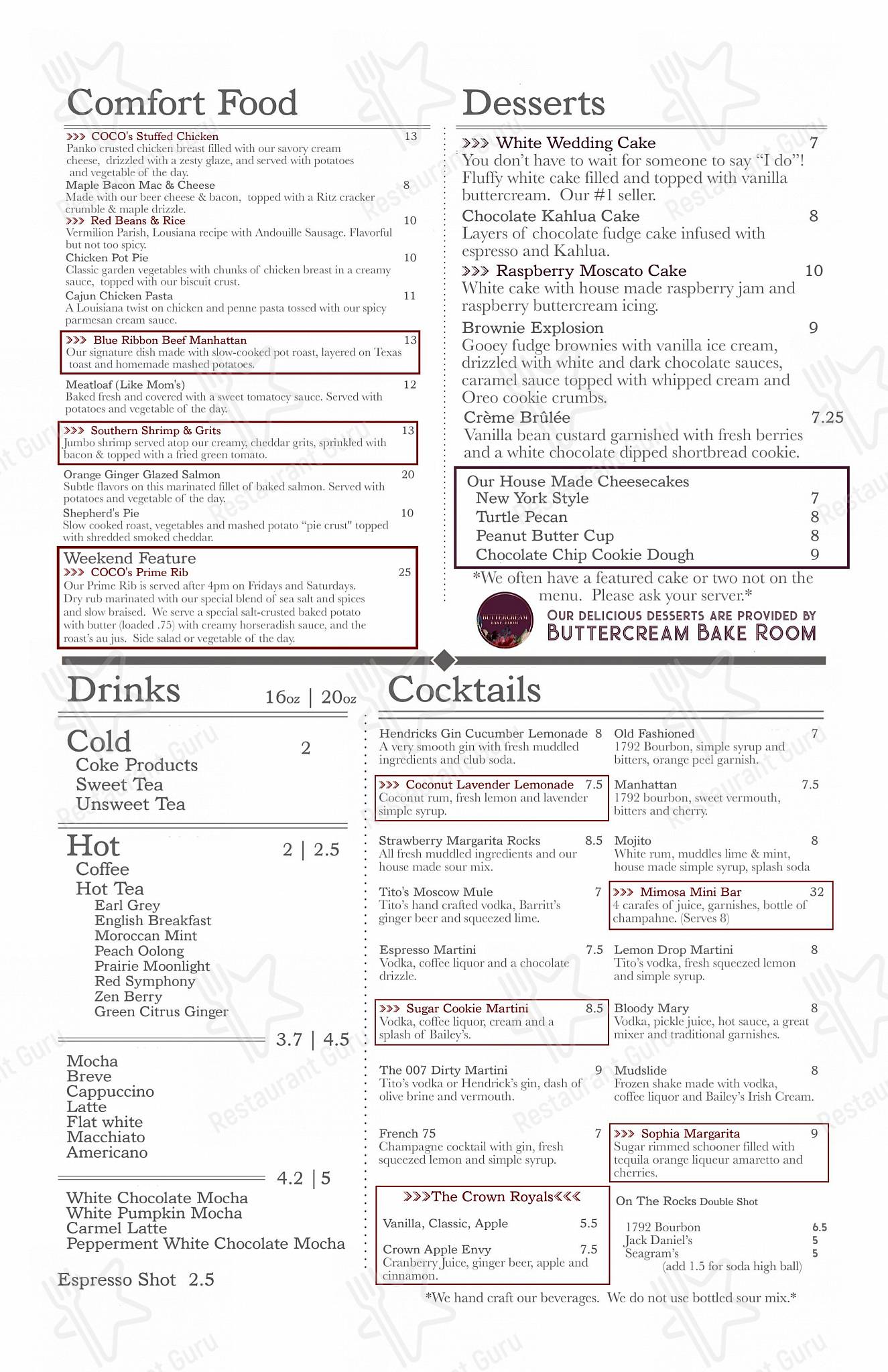 Menu at Coco's Cafe and Wine Bar, Lawrenceville