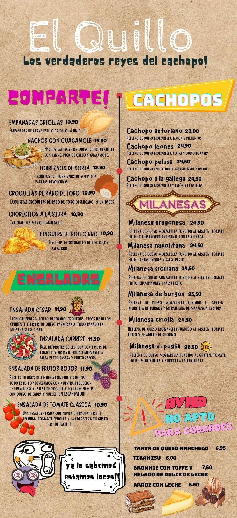 Carta del restaurante Cachopos El Quillo, Getafe