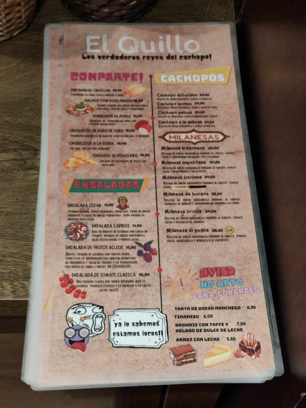 Carta del restaurante Cachopos El Quillo, Getafe