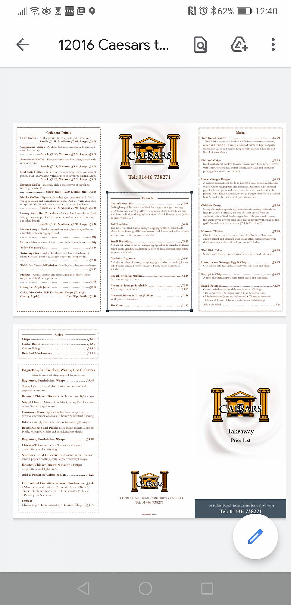 Menu at Caesars cafe, Barry
