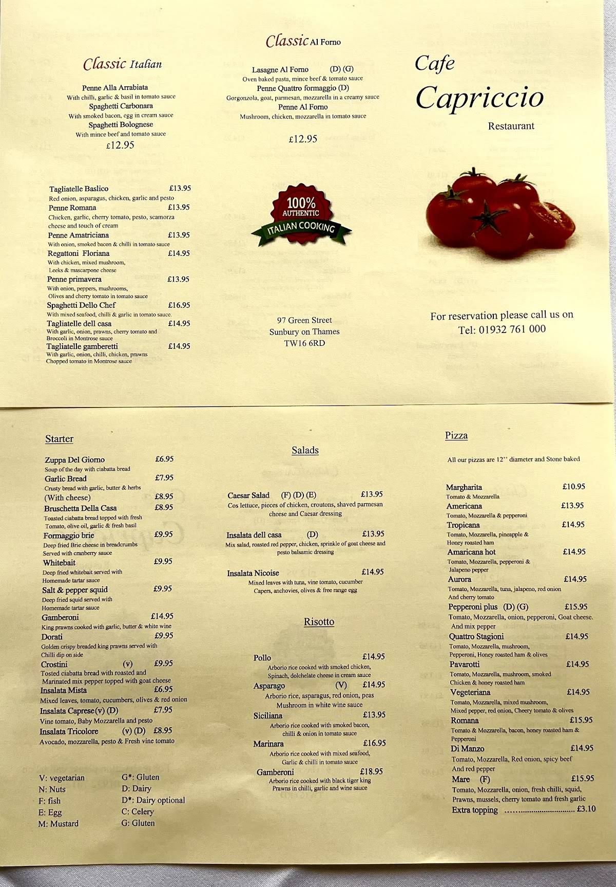 Menu at Capriccio restaurant, Sunbury-on-Thames