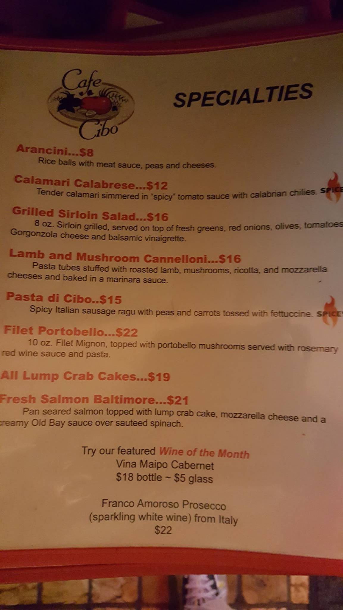 Menu at Cafe Cibo, Saint Petersburg, 4th St N