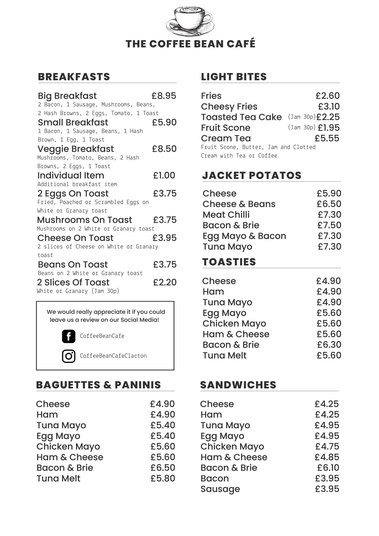 Menu at Coffee Bean Cafe, Clacton-on-Sea