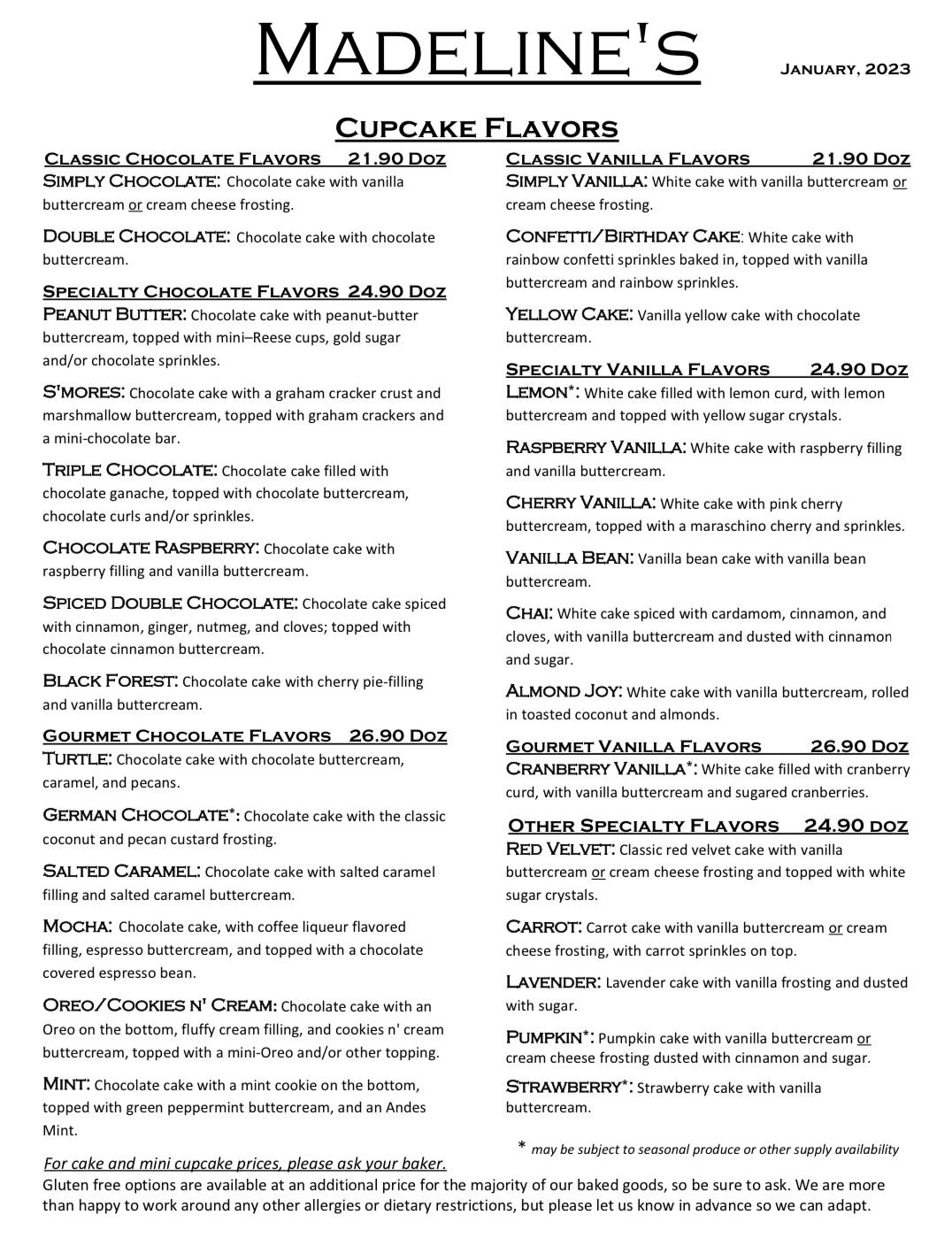 Menu at Madeline's Café & Bakery, Lexington