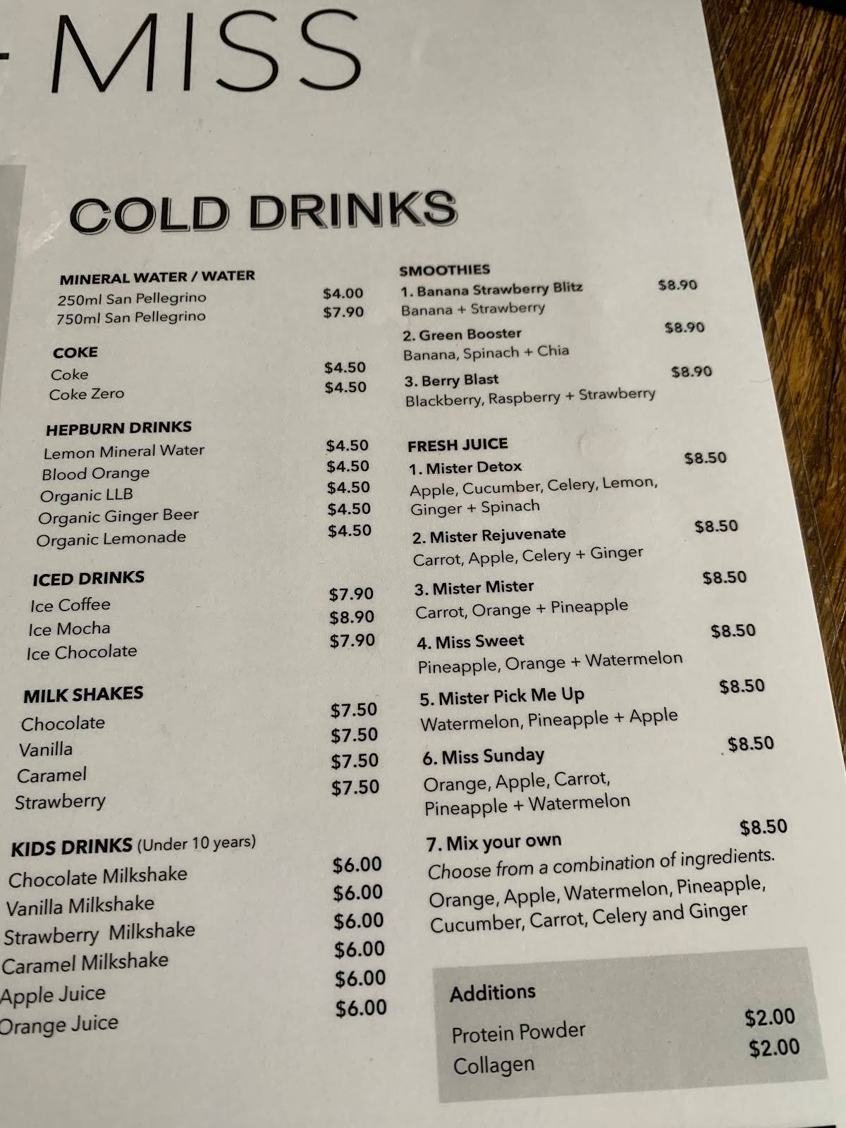 Menu at Mister and Miss cafe, Mont Albert