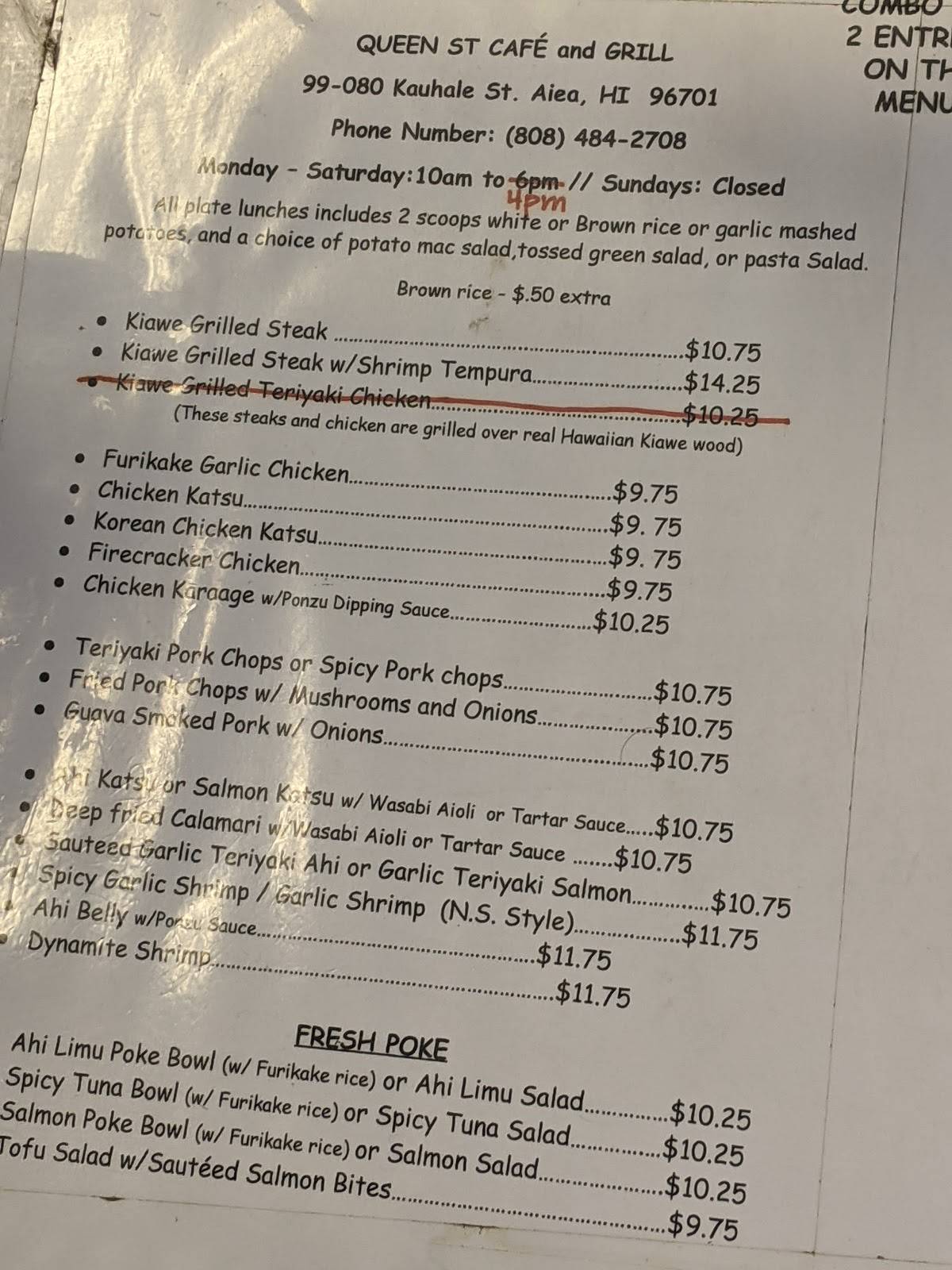 Menu at Queen Street Cafe & Grill, Aiea