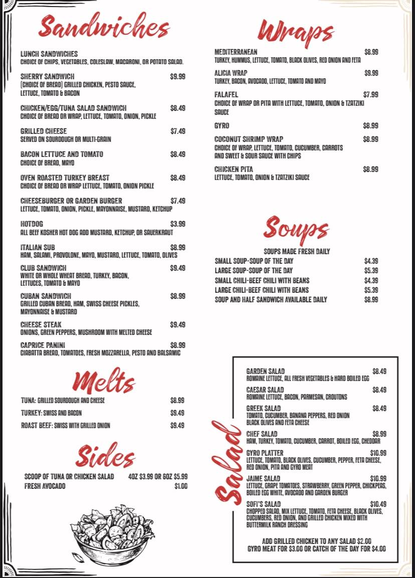 Menu at Sofi's Cafe, Fort Lauderdale