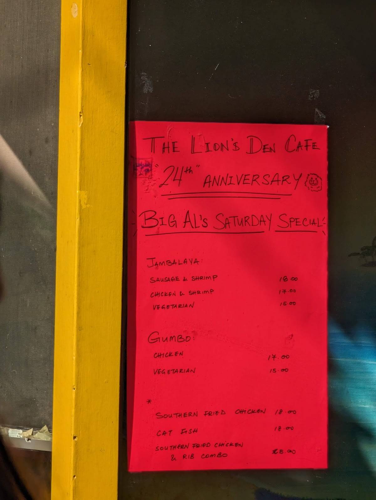 Menu at The Lion's Den Cafe, Vancouver