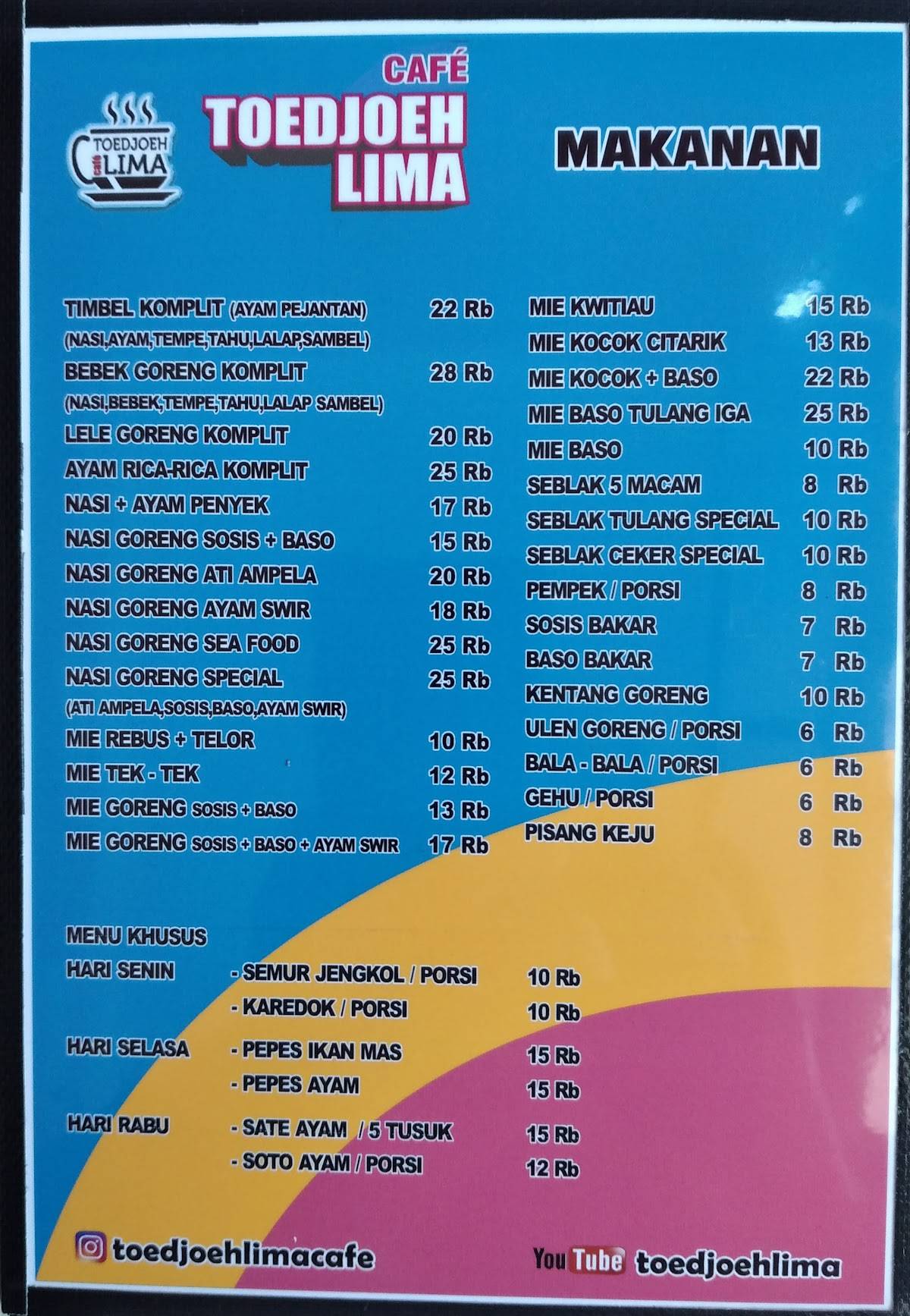 Menu at Cafe Toedjoeh Lima, Bandung