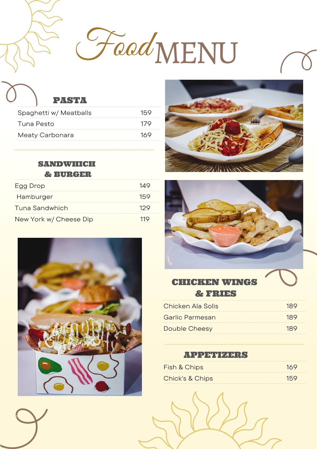 Menu at Cafe de Solis, Masbate City