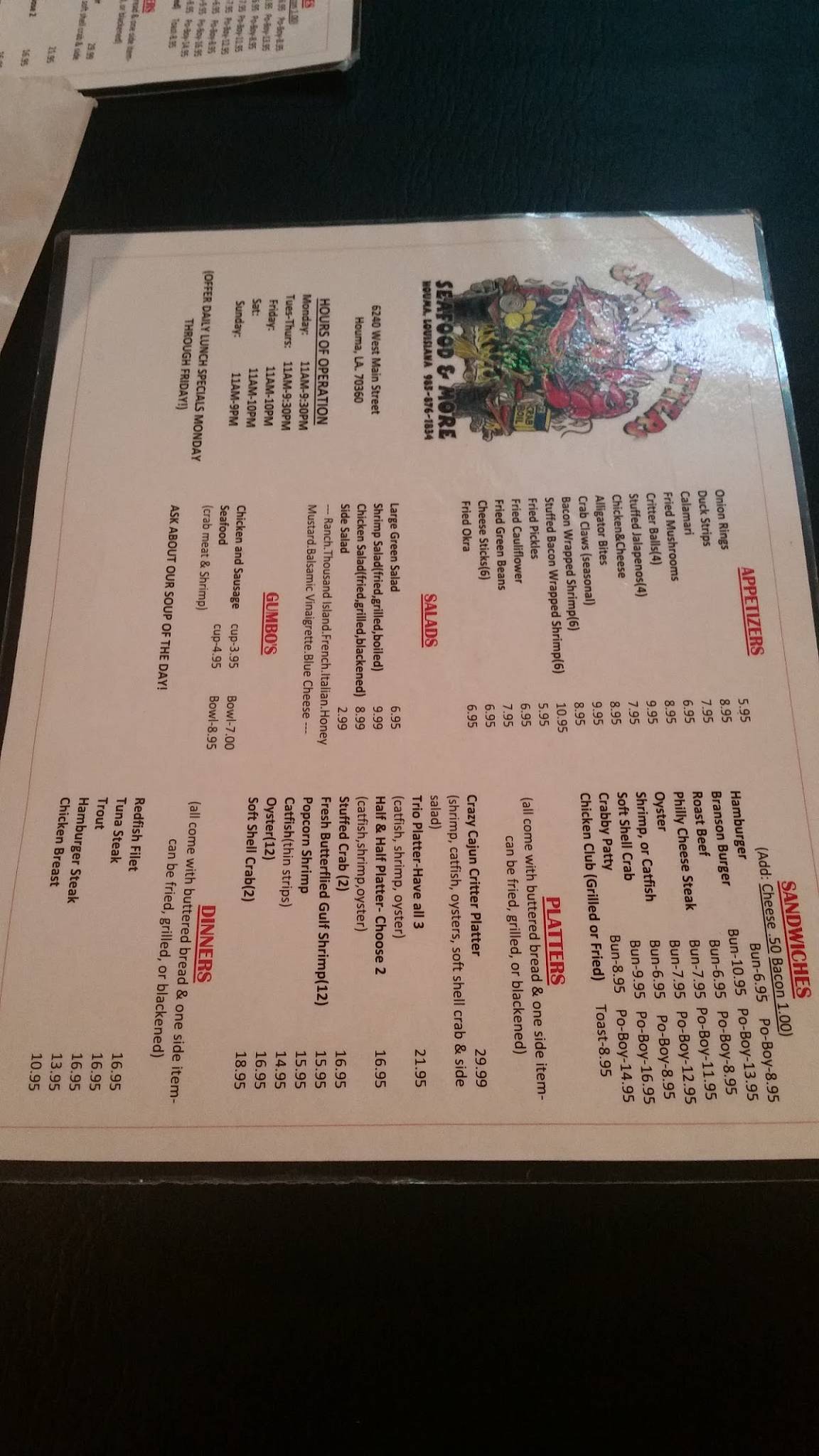 Menu at Cajun Critters restaurant, Houma, Alma St