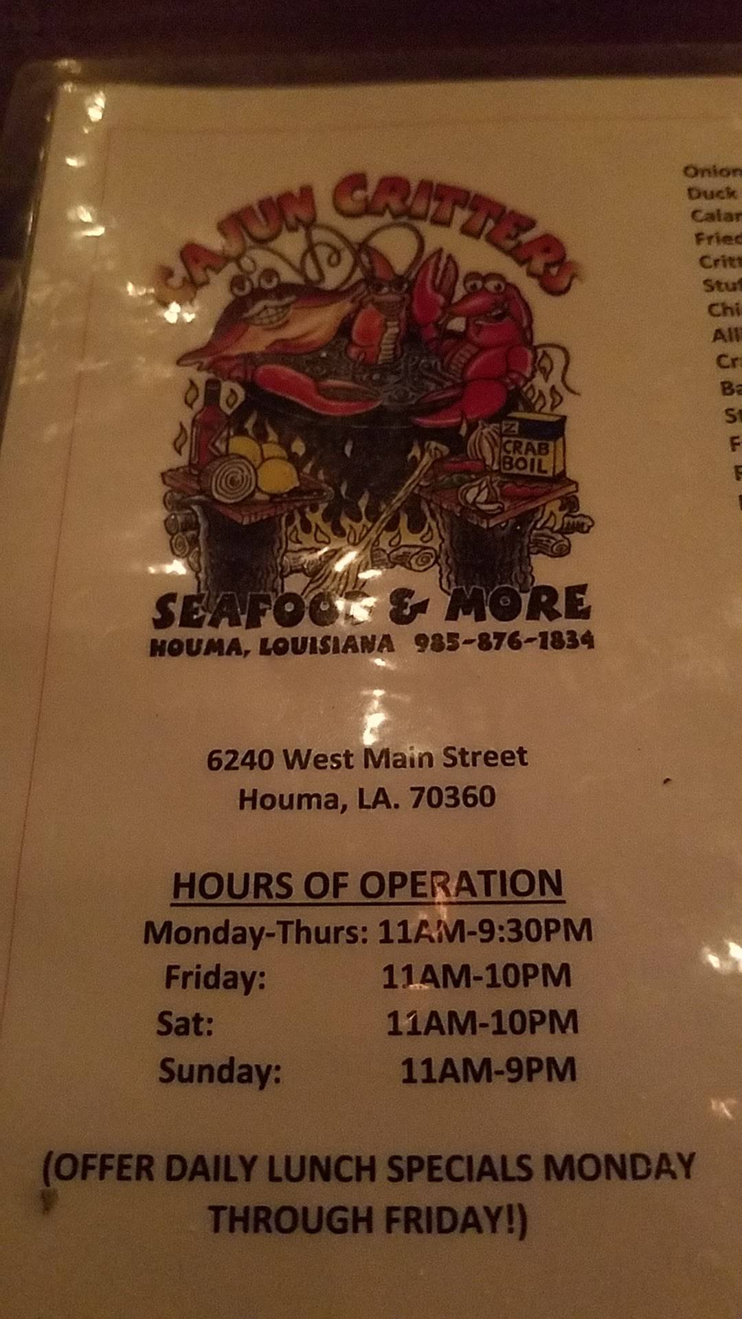 Menu at Cajun Critters restaurant, Houma, Alma St