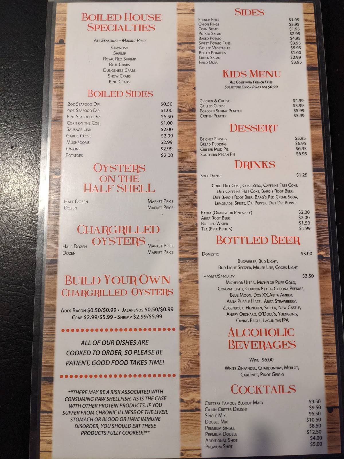 Menu at Cajun Critters restaurant, Houma, Alma St