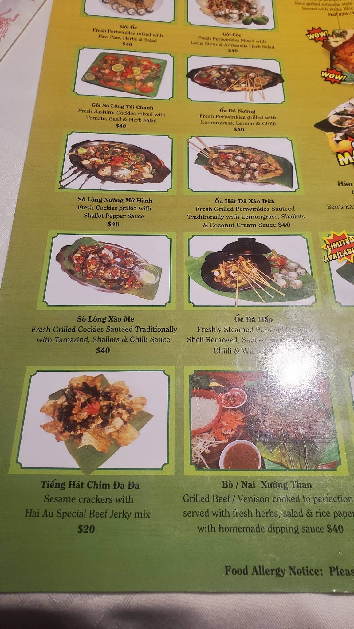 Menu at Hai Au Lang Nuong restaurant, Canley Vale