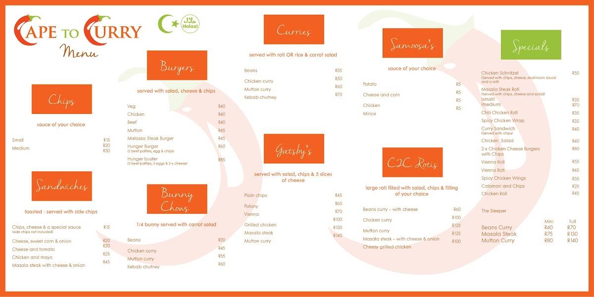 Menu at Cape To Curry restaurant, Cape Town, 94c Monte Vista Blvd