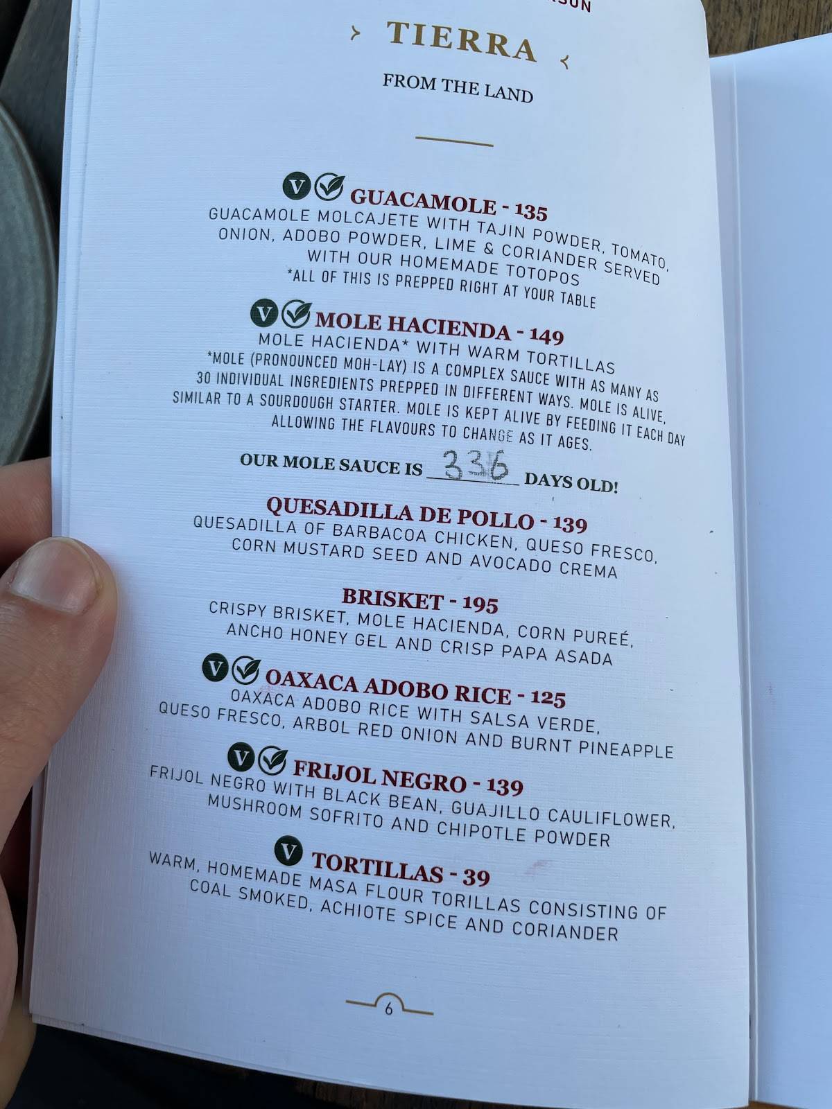 Menu at Hacienda Coastal Mexican restaurant, Cape Town