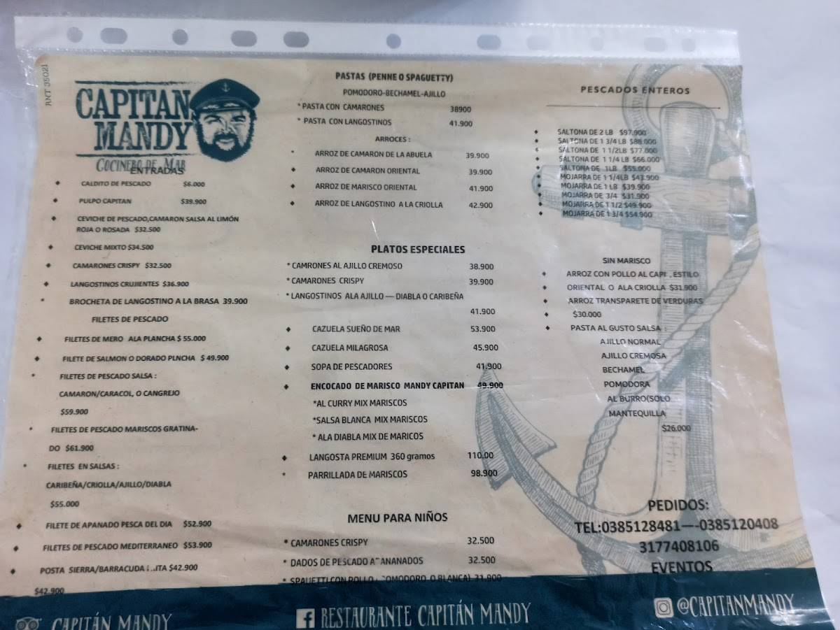 Carta del restaurante Capitan Mandy, San Andrés