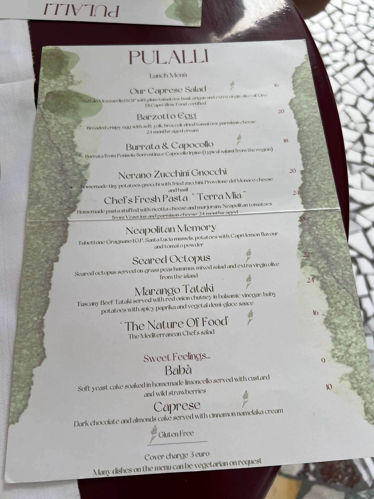 Menu at Pulalli pub & bar, Capri, Piazza Umberto I